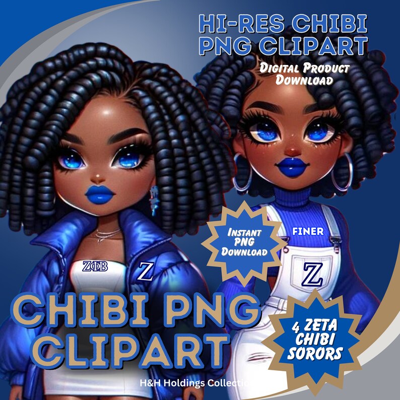 Zeta Sorority Chibi PNG Bundle Zeta Graphic Digital Downloads, 4 Black ...