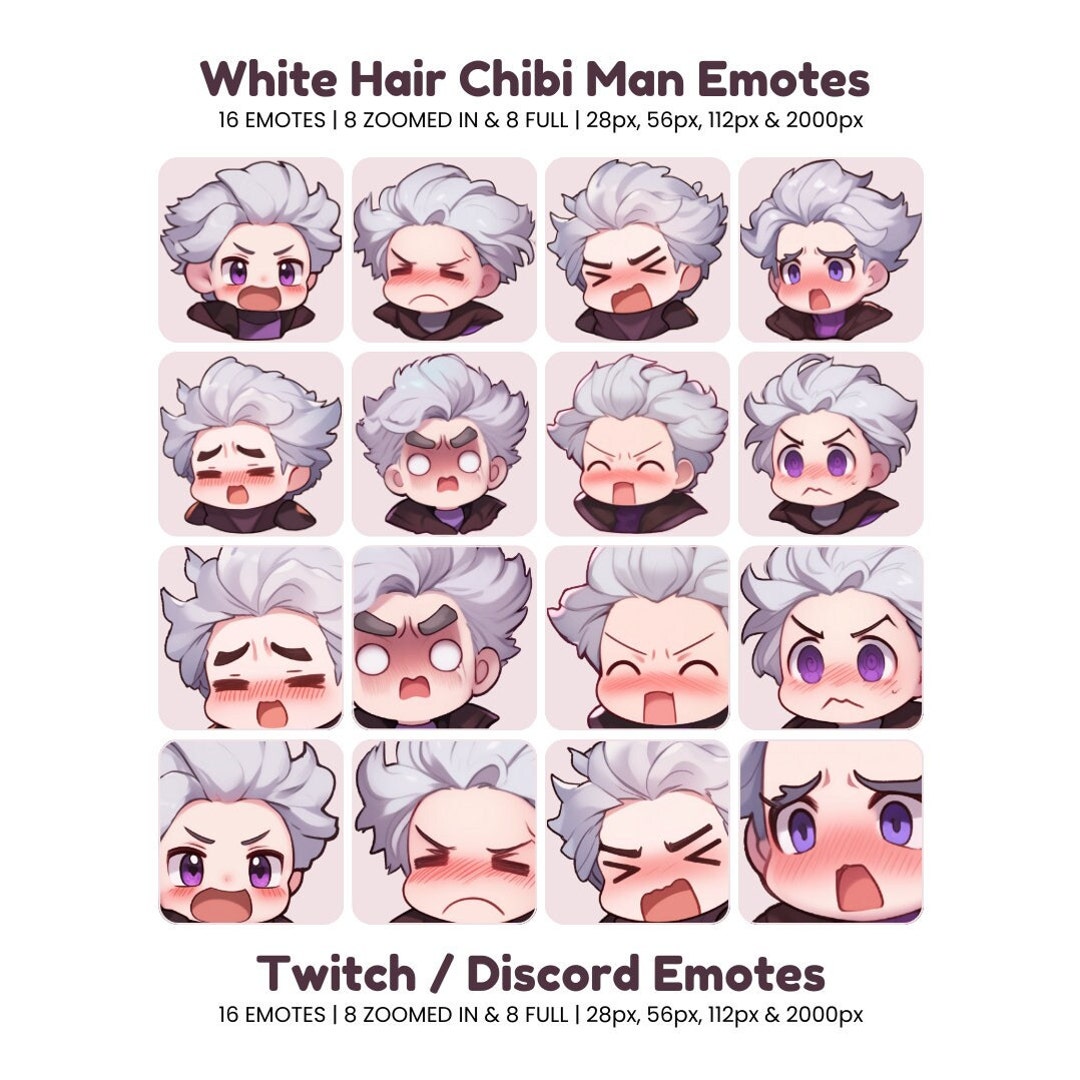 White Hair Chibi Man Anime Twitch Emotes Bundle | Instant Download ...