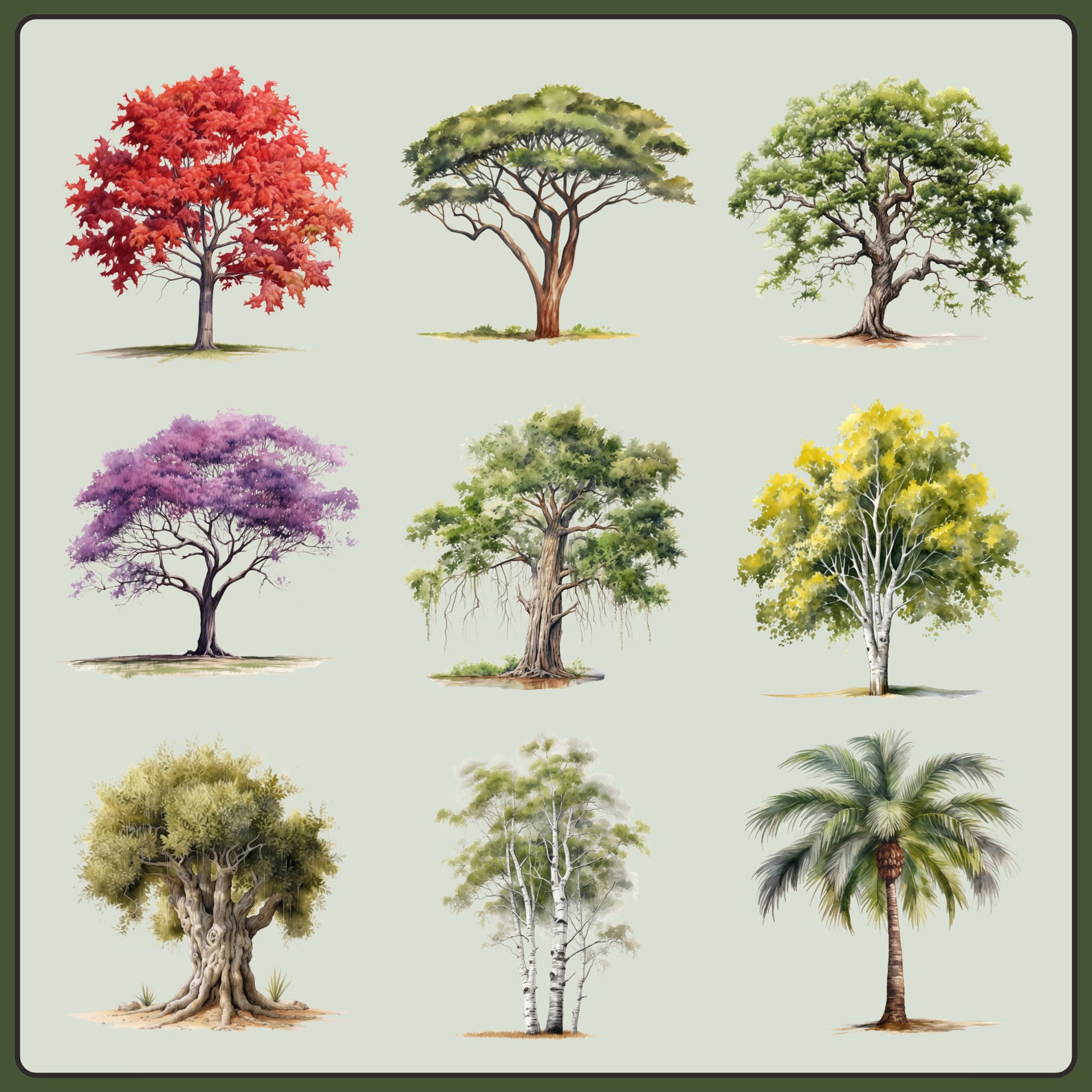 Watercolor Trees Clipart Pack Set of 50 PNG Images Digital Download ...