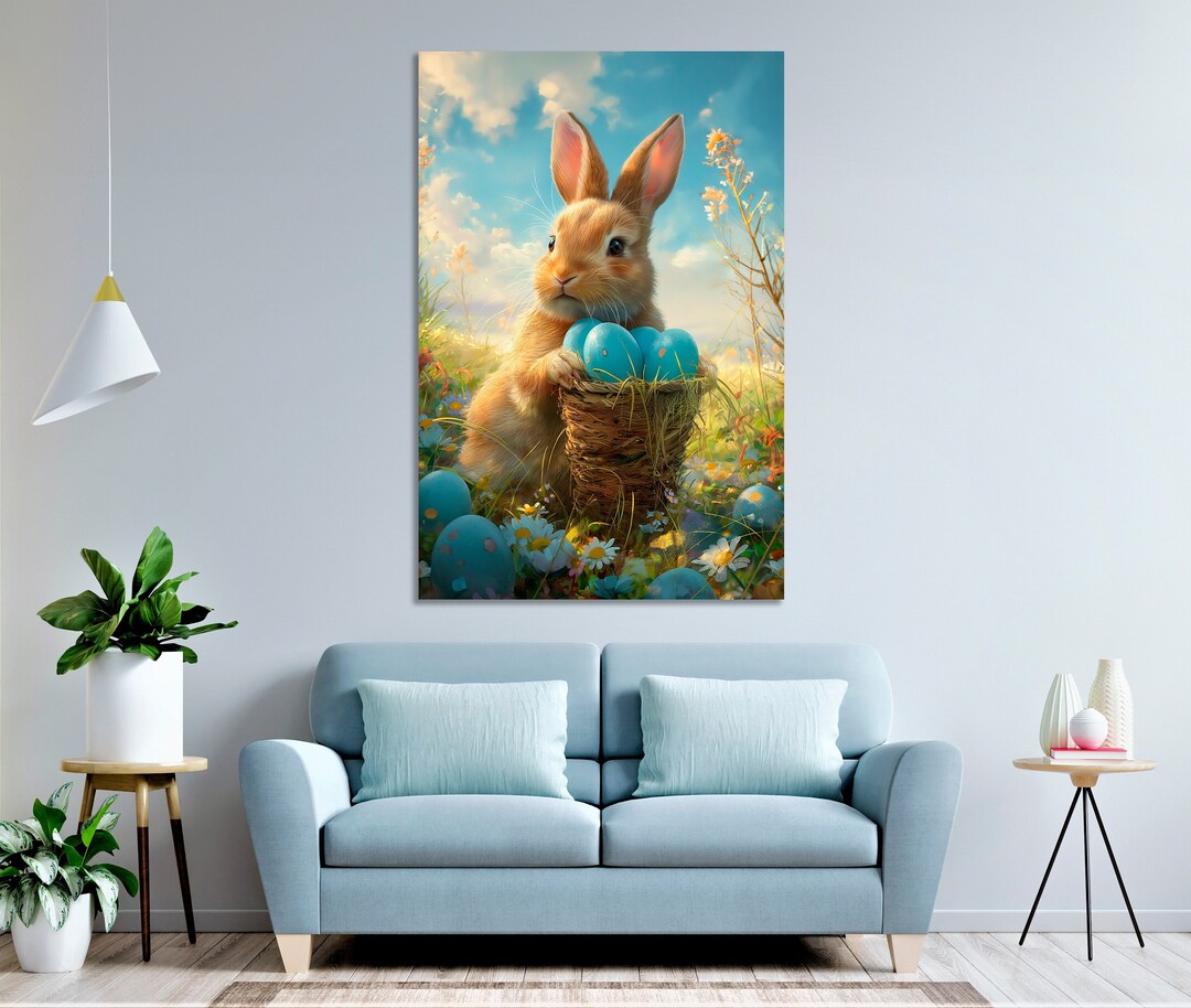 Adorable Rabbit With Easter Basket Art Print Bunny and Blue Eggs Canvas ...