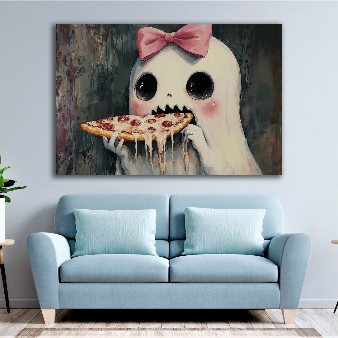 Ghost With Pink Bow Eating Pizza Canvas Wall Art Adorable Haunting ...