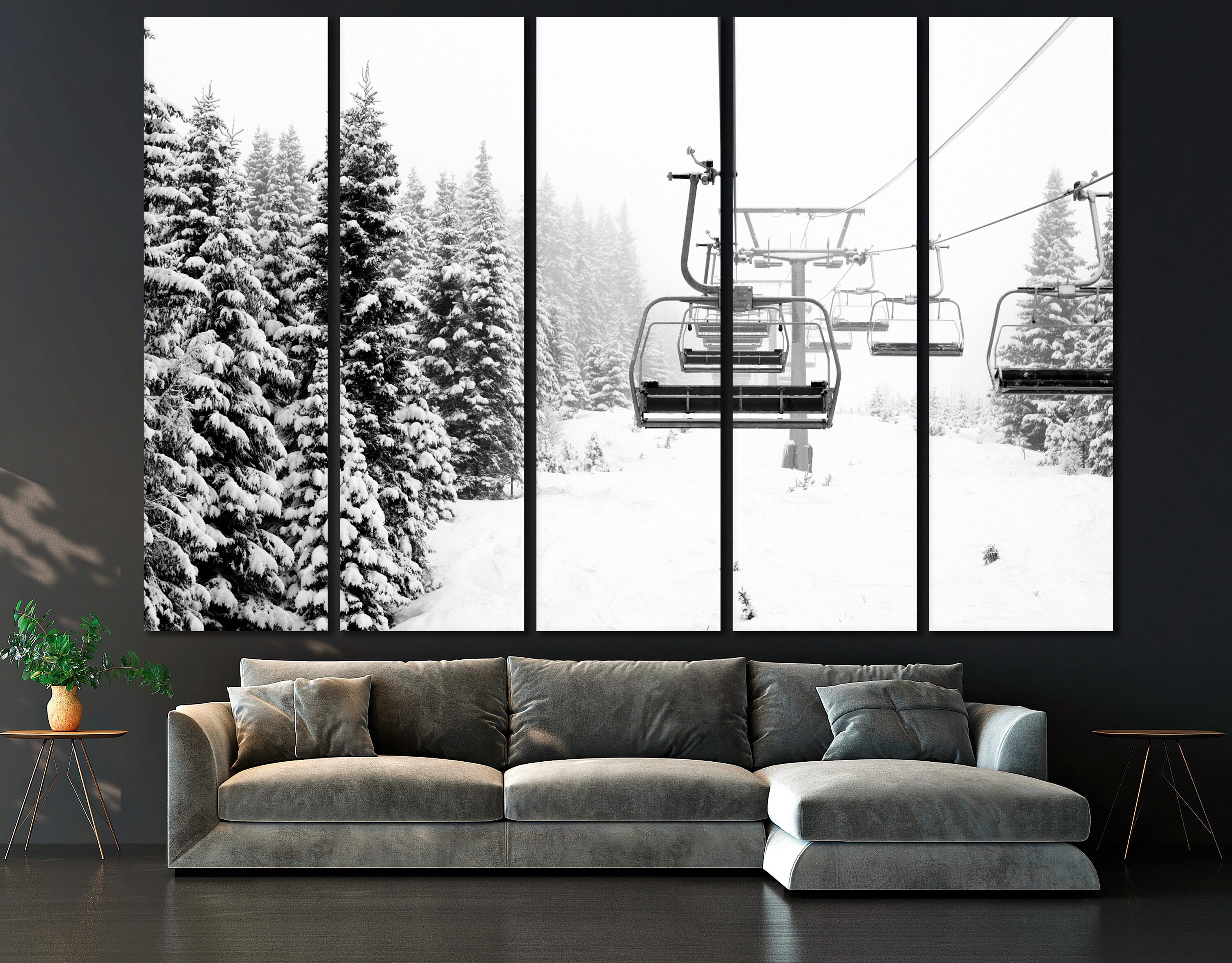 Scenic Ski Lift Print Winter Cable Car Canvas Wall Art Snow Covered ...
