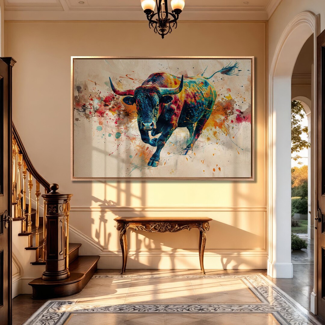 Colorful Charging Bull Canvas Wall Art Vibrant Abstract Bull Painting ...