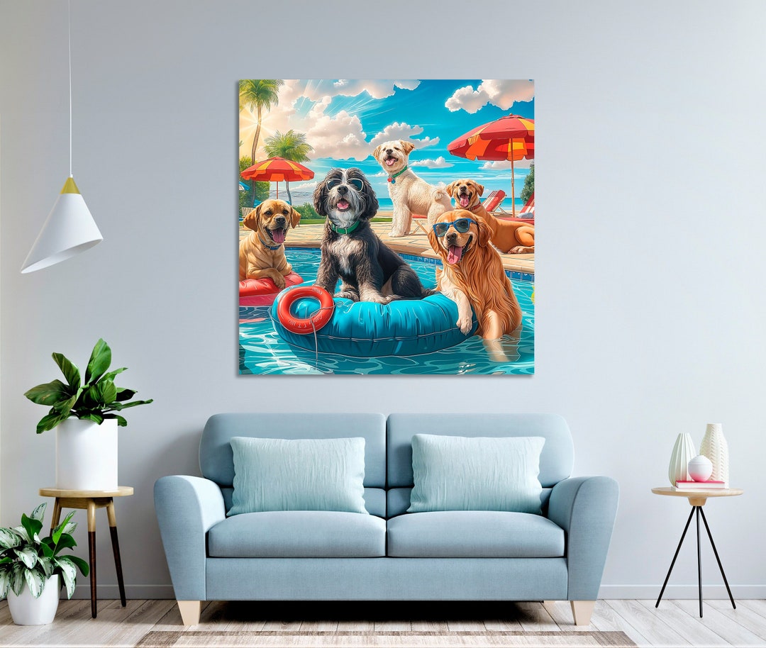 Fun Dogs Pool Party Canvas Wall Art Playful Pets Print Chic Vibrant ...