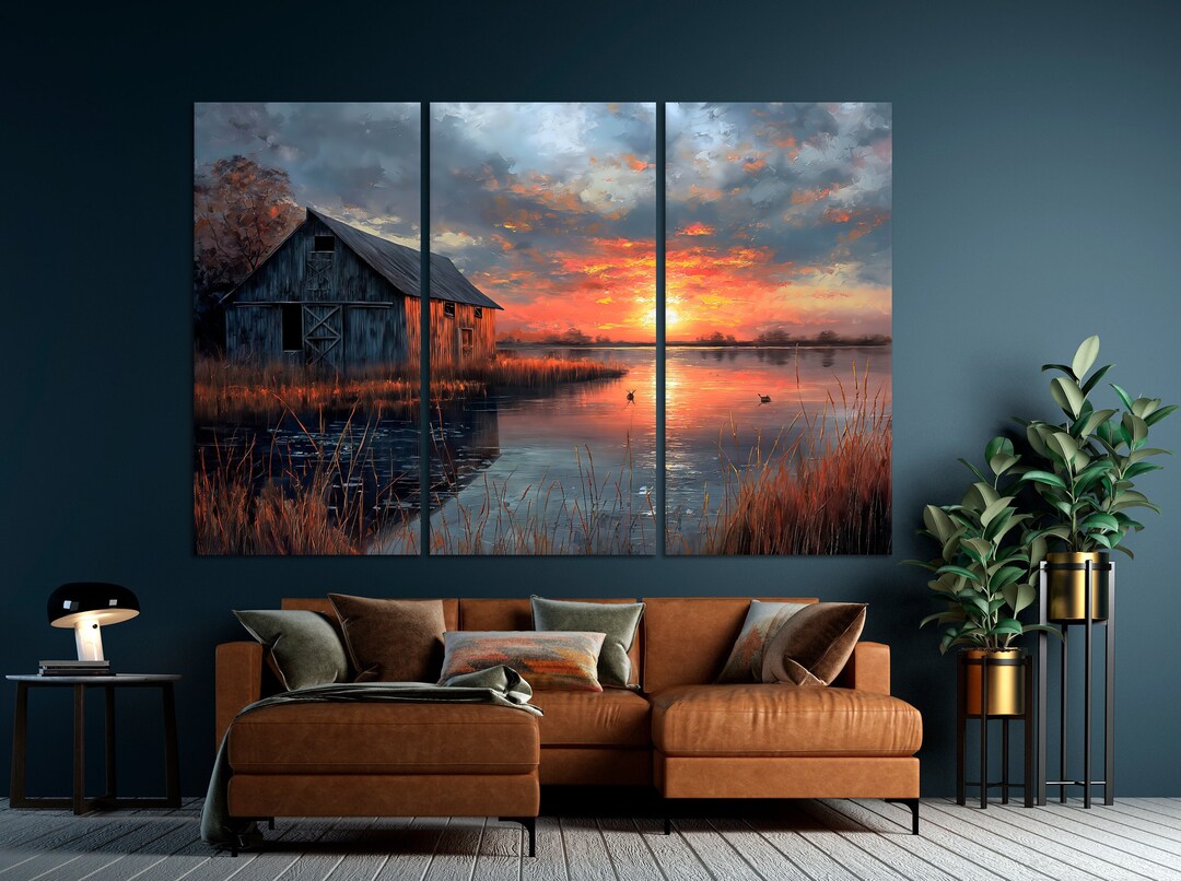 Rustic Lakeside Barn at Sunset Painting Print Countryside Canvas Wall ...