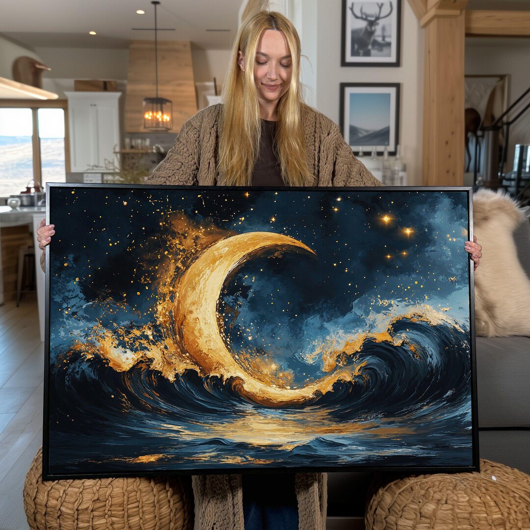Golden Crescent Moon Canvas Art: Ocean Waves, Starry Night Sky - Etsy