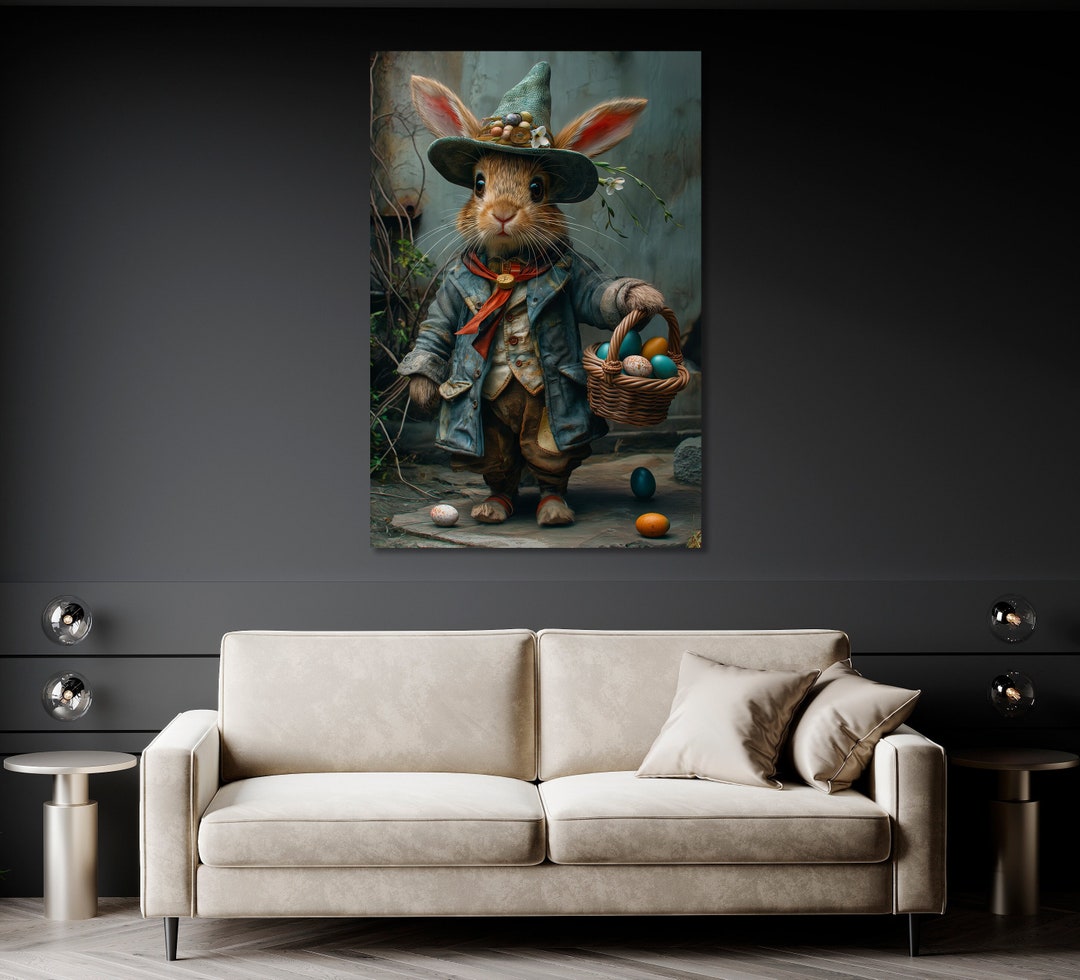 Whimsical Dressed Rabbit Art Print Bunny With Eggs Basket Canvas Wall ...