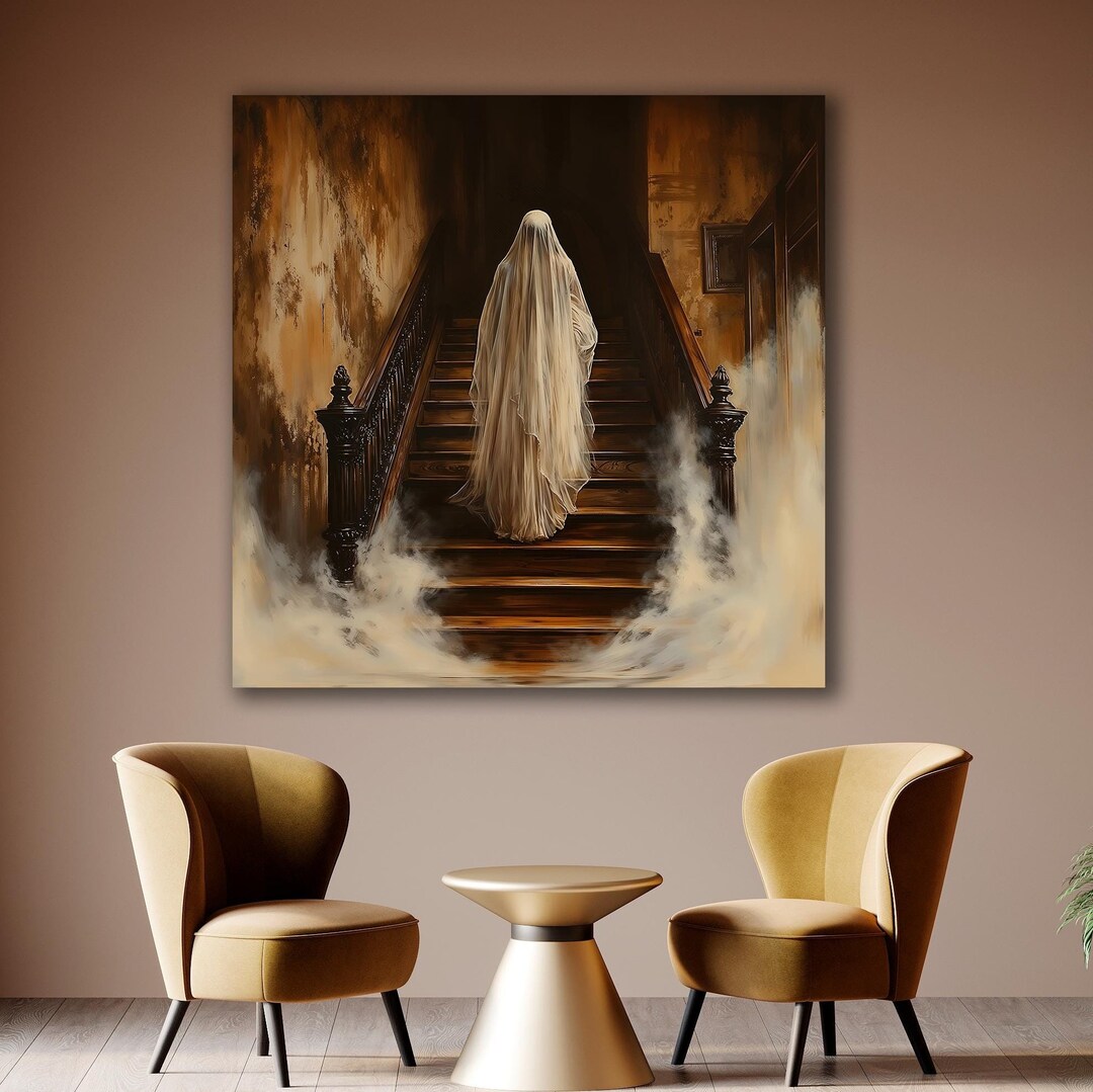 Ghostly Figure Ascending Staircase Canvas Wall Art Spooky Ghost ...