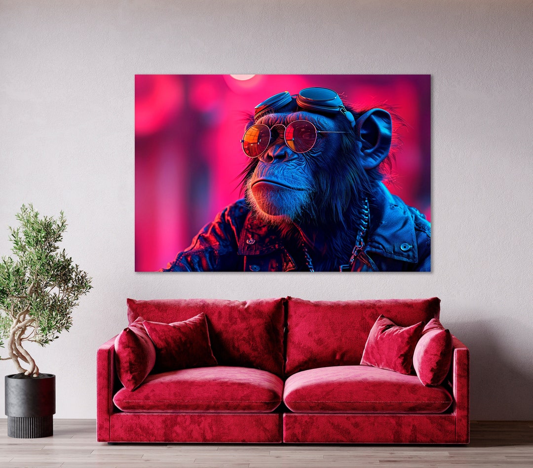 Biker Chimp Art Print Abstract Monkey Portrait Canvas Wall Art Vibrant ...