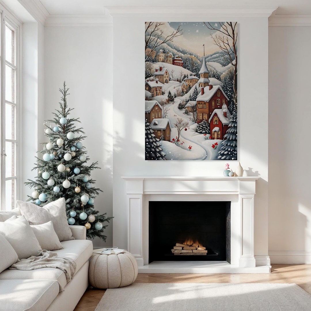 Charming Winter Village Canvas Wall Art Snowy Wonderland Painting Print ...
