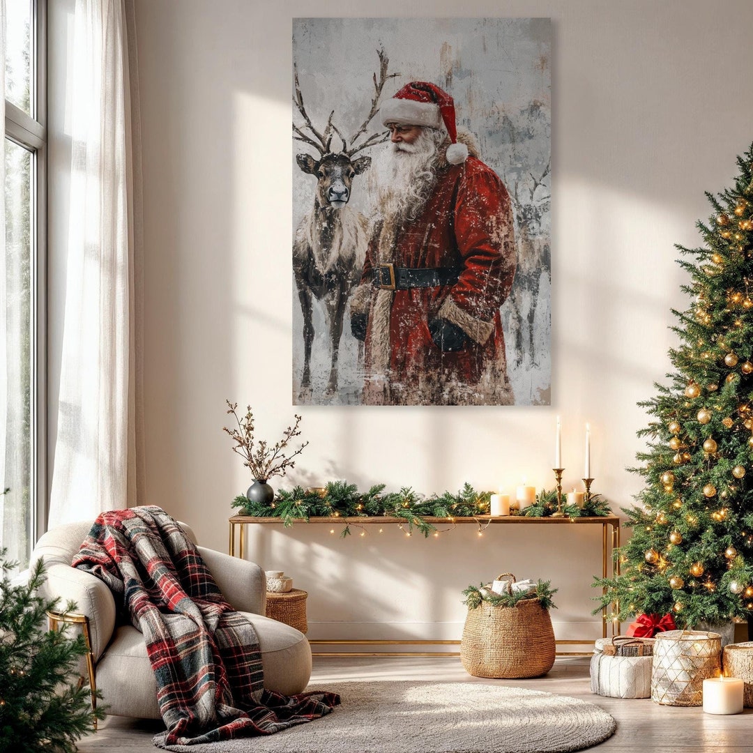 Santa Claus With Christmas Reindeer Canvas Wall Art Abstract Deers in ...