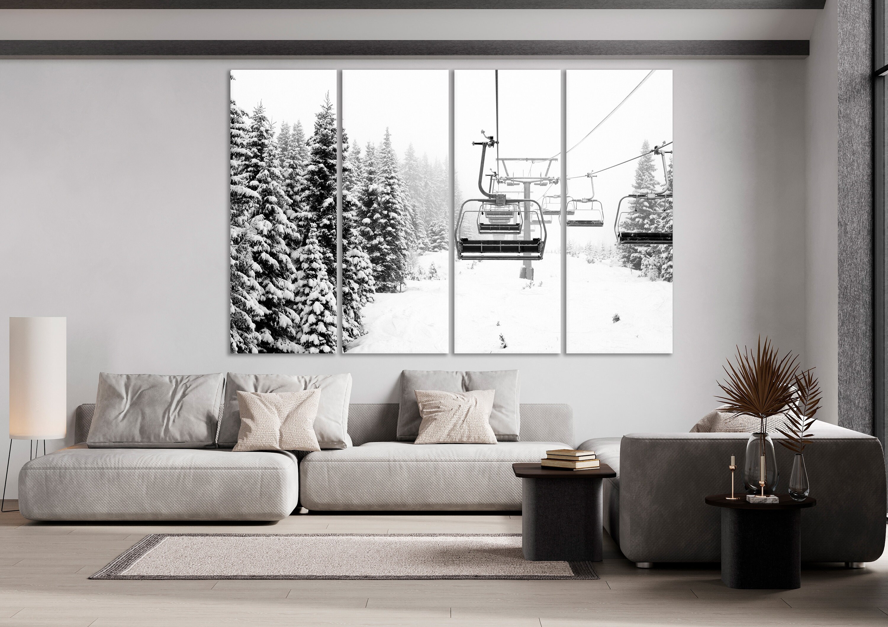 Scenic Ski Lift Print Winter Cable Car Canvas Wall Art Snow Covered ...