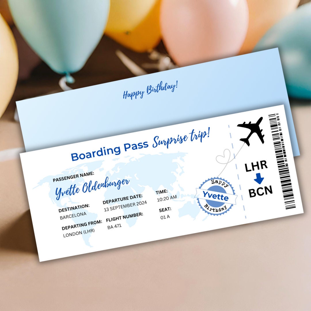 Printable Boarding Pass Template for Surprise Trip stamp Sky Blue ...