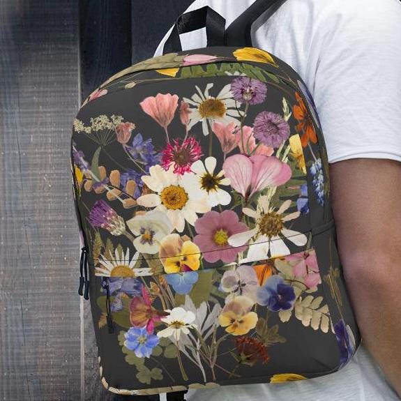 Pressed Flowers Weatherproof Backpack Cottagecore Poly Canvas Book Bag ...