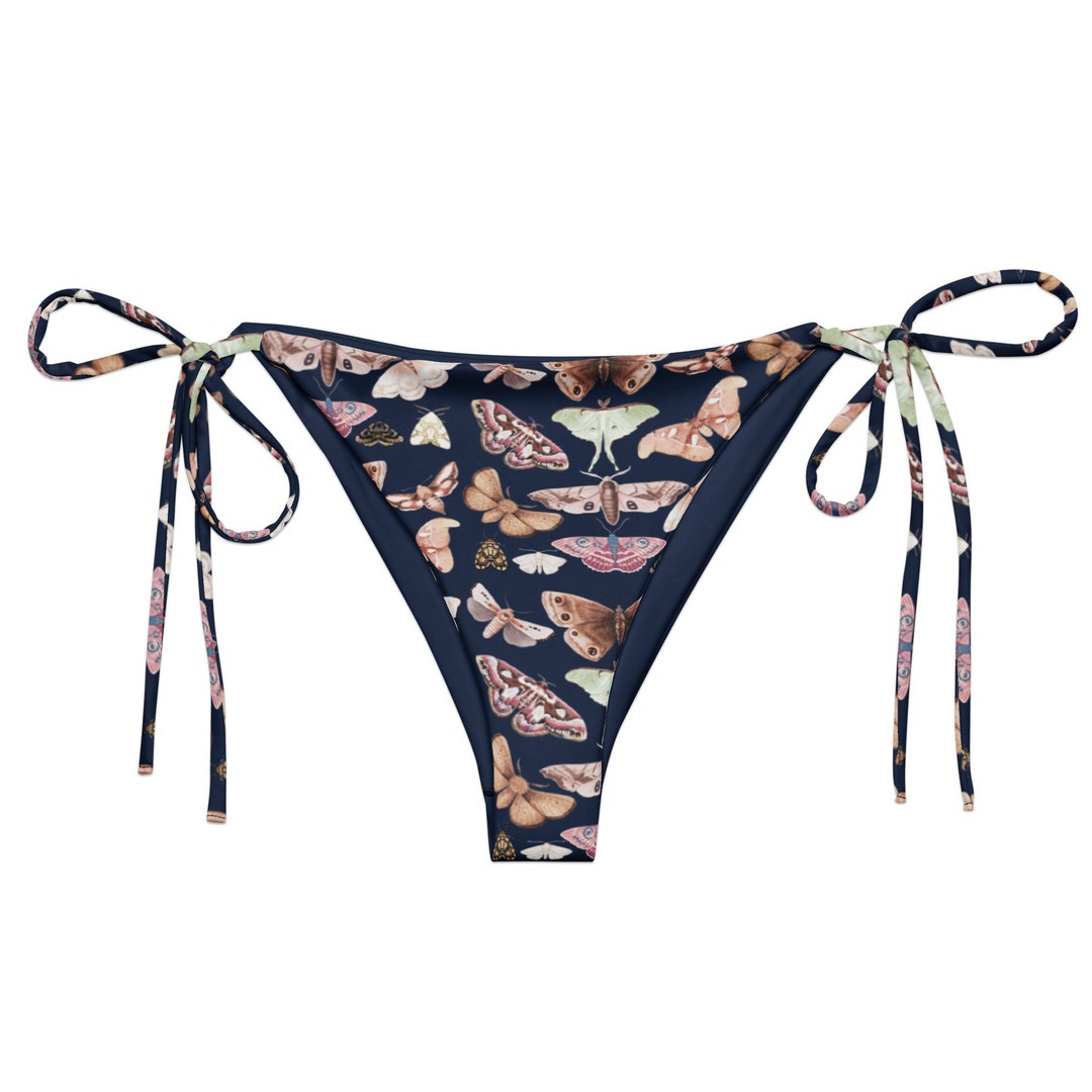 Moth Print String Bikini Bottom - Recycled Navy Swimwear - Etsy