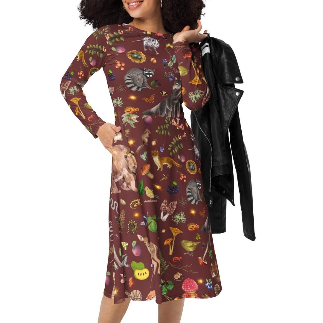 Forest Print Long Sleeve Midi Dress Burgandy Dress for Fall Goblincore ...