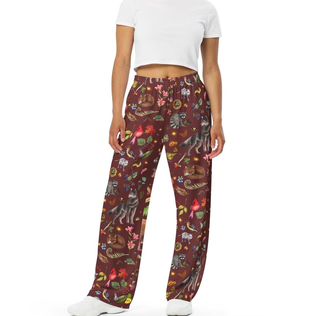 Forestcore Animals Wide Leg Pants, Forest Lounge Pants in Maroon, Soft ...