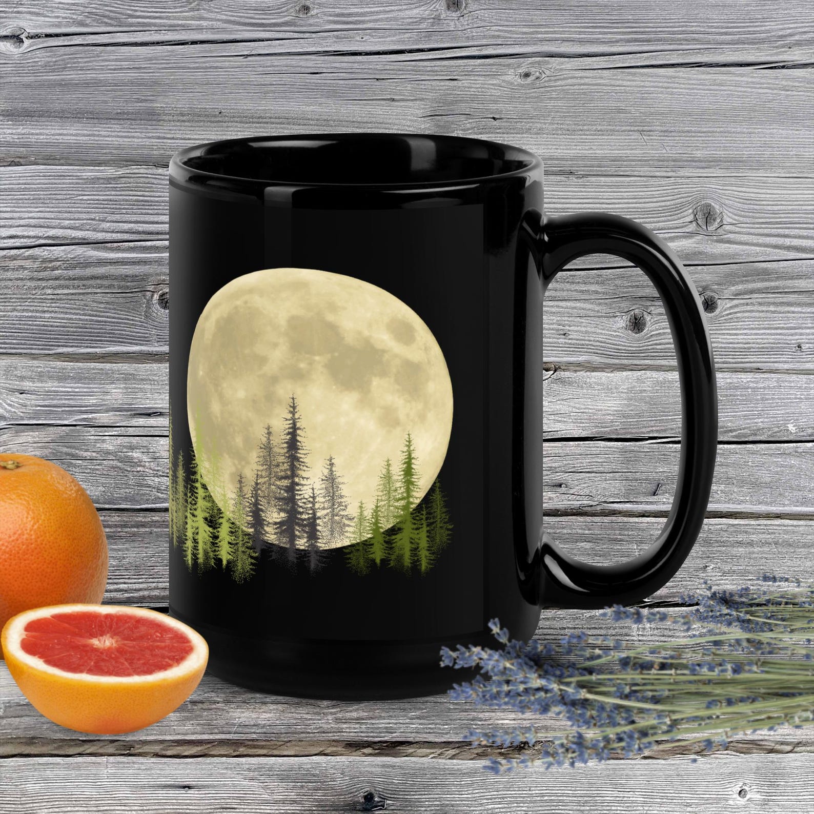 Full Moon Pines Hiking Mug, Black Great Outdoors Graphic Mug, Mountain ...