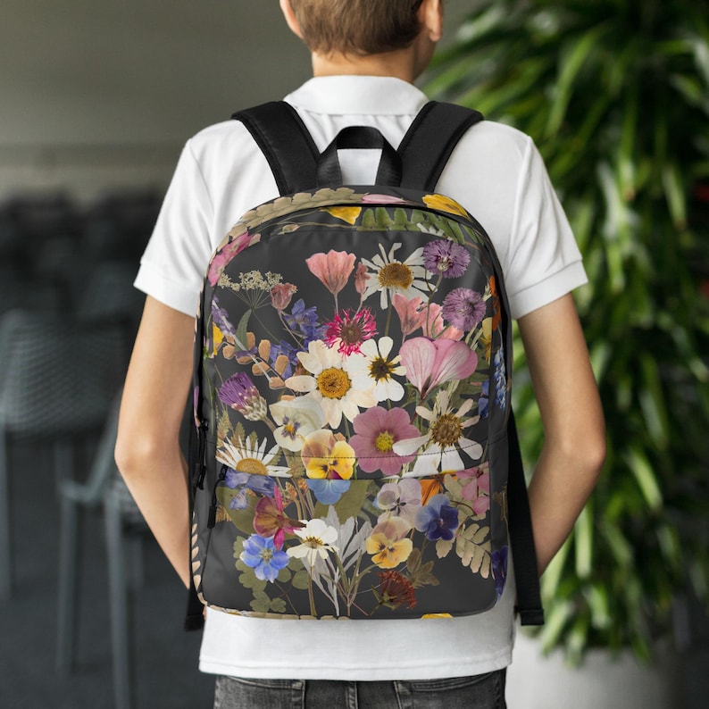 Pressed Flowers Weatherproof Backpack Cottagecore Poly Canvas Book Bag ...