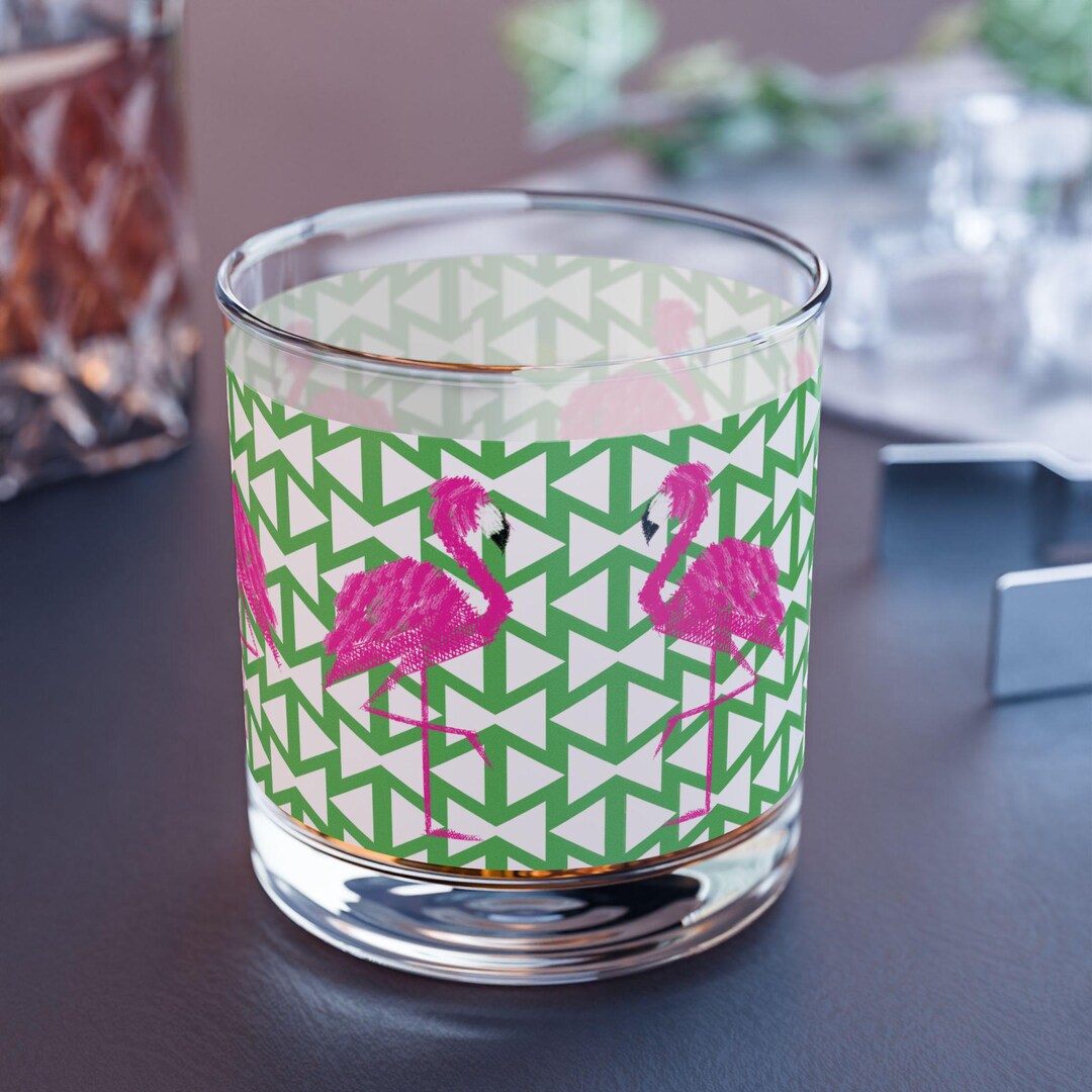 Flamingo Cocktail Glass Preppy Pink & Green Cubist Pop Art Double Old ...