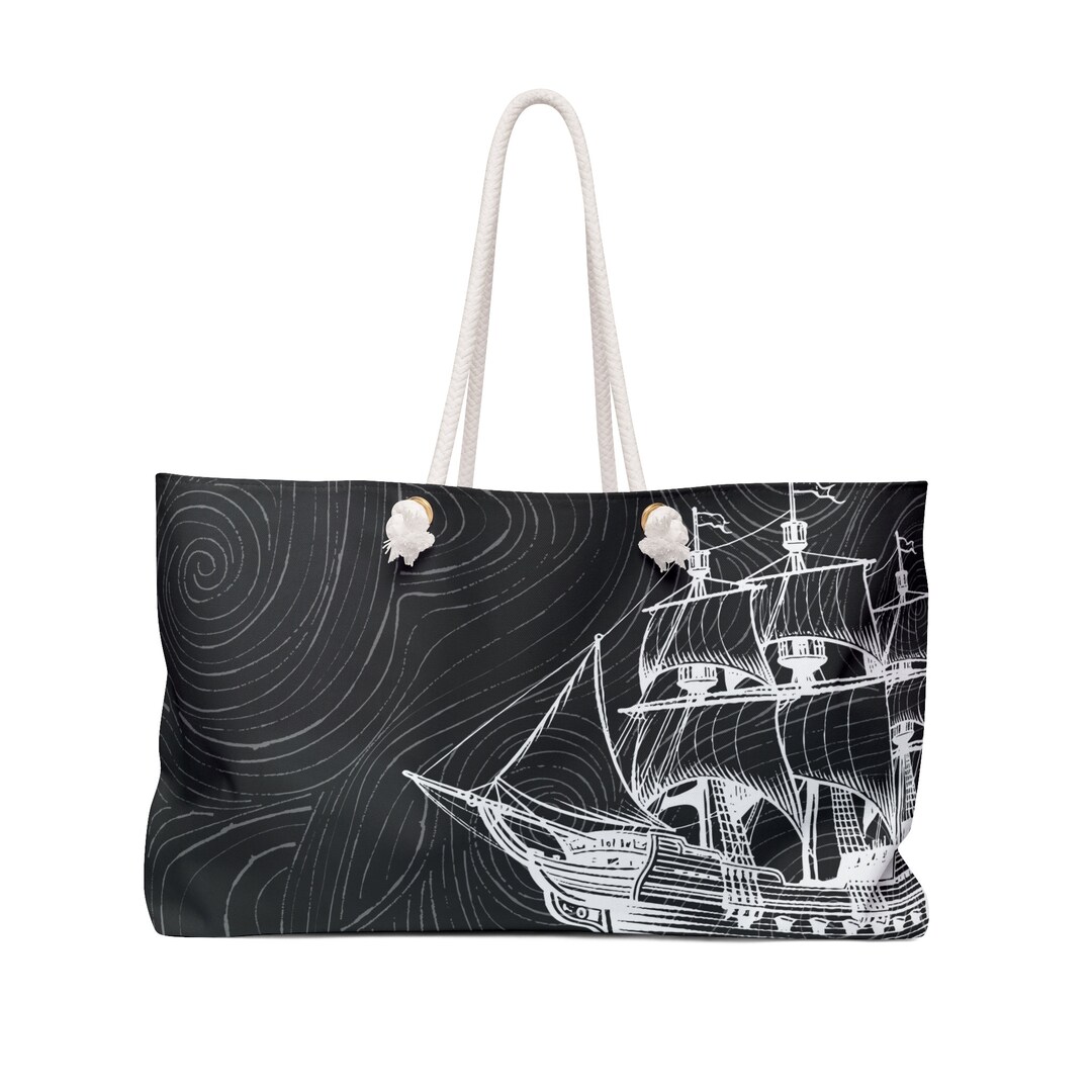 Pirate Ship Tote Bag, Vintage Black Canvas Beach Pool Sailing Cruise ...