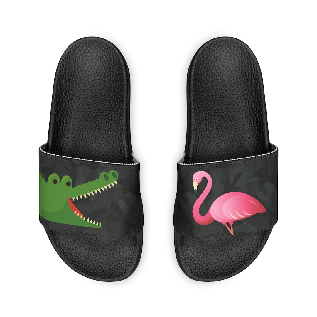 Alligator Flamingo Men's Slide Sandals, Preppy Beach Pool Men's Black ...