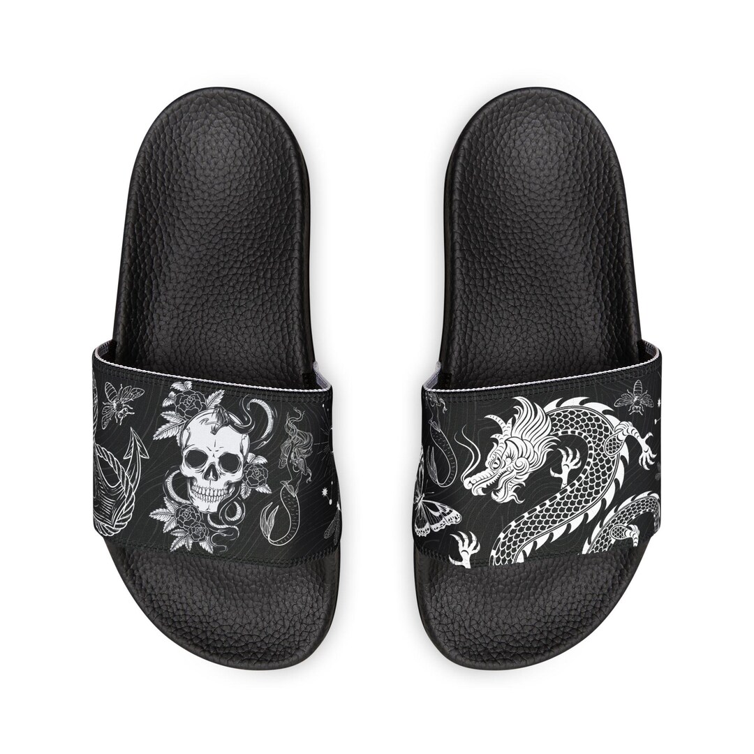 Tattoo Art Men's Slide Sandals, Goth Skull Snake Reptile Serpent Dragon ...
