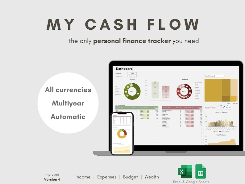 MY CASH FLOW | Excel + Sheets | Simple Personal Finance Tracker | Monthly & Annual Budget ...