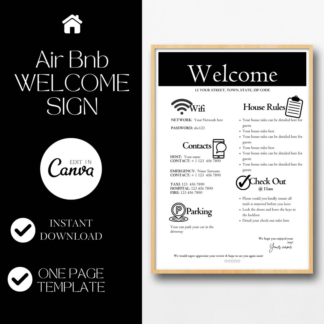 Editable Airbnb Sign, Airbnb Rental Sign, House Rules Poster, Canva ...