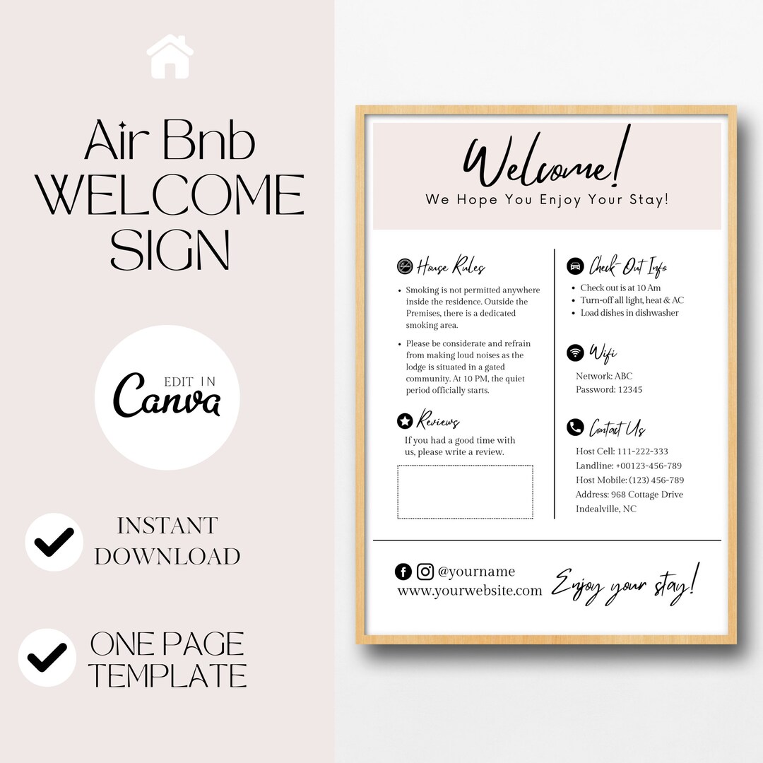 Editable Airbnb Sign, Airbnb Rental Sign, House Rules Poster, Canva ...