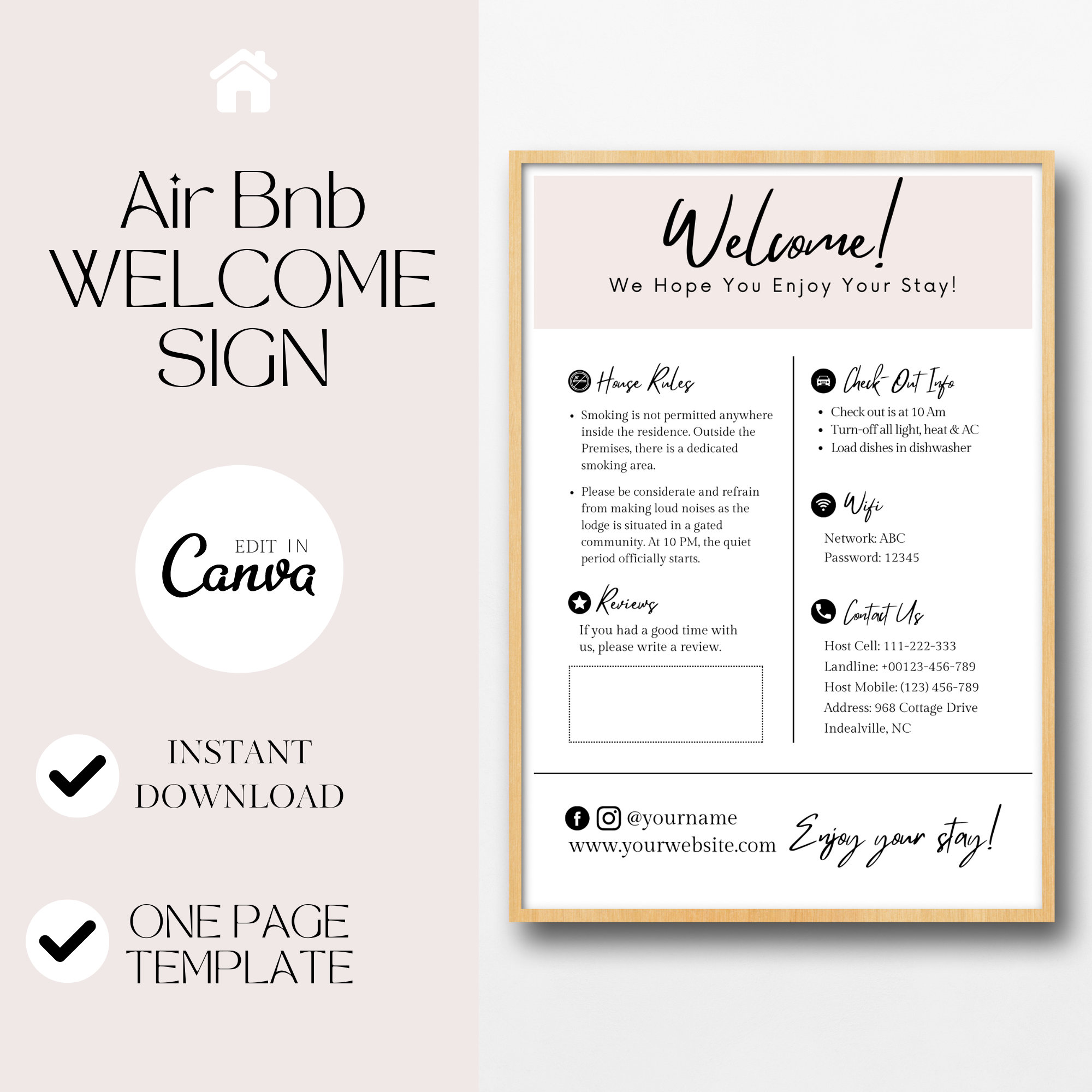 Editable Airbnb Sign, Airbnb Rental Sign, House Rules Poster, Canva ...