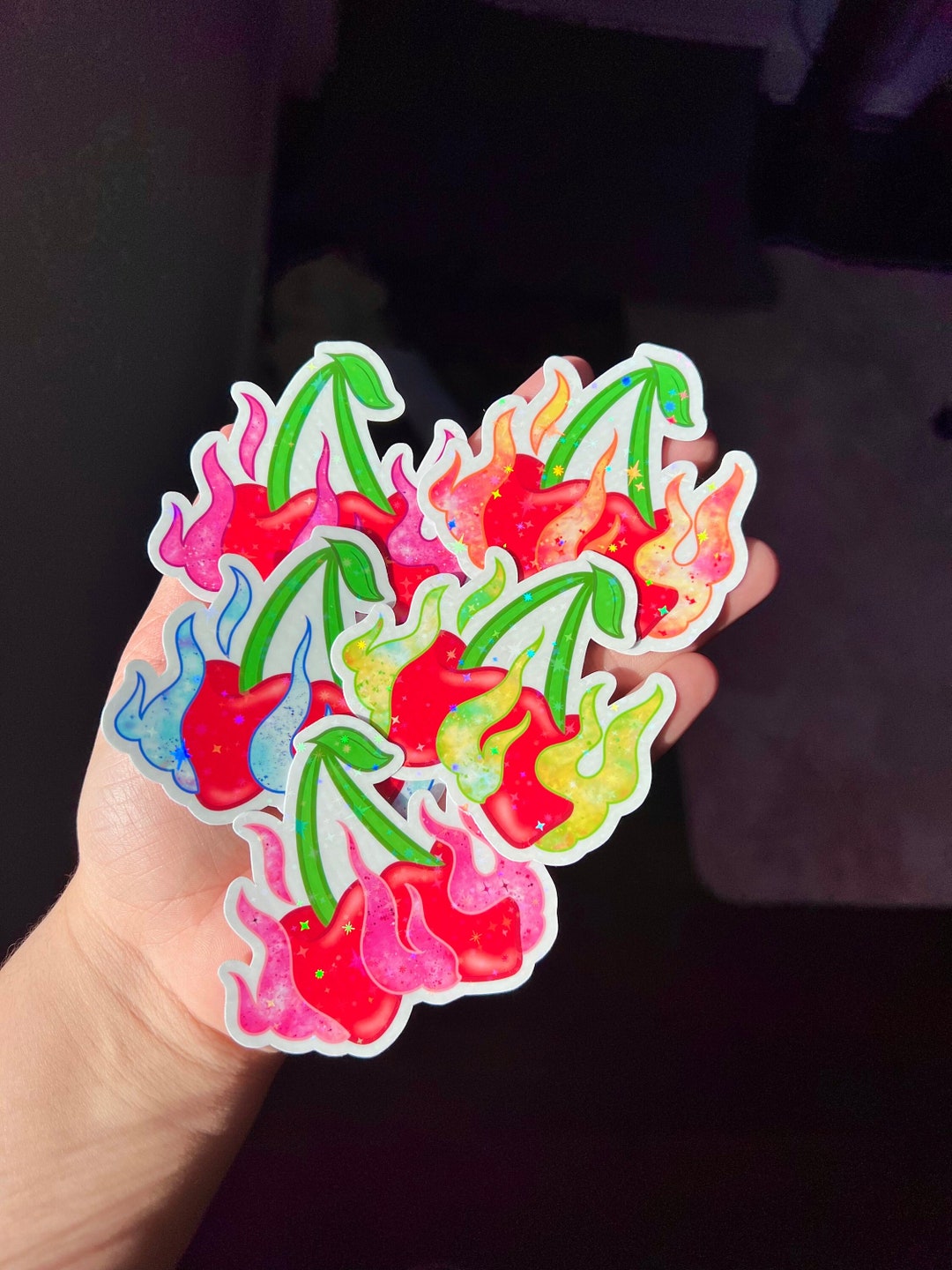 Cherry Fire / Holographic Sticker, Cute Purple/ Pink/ Orange/ Red ...