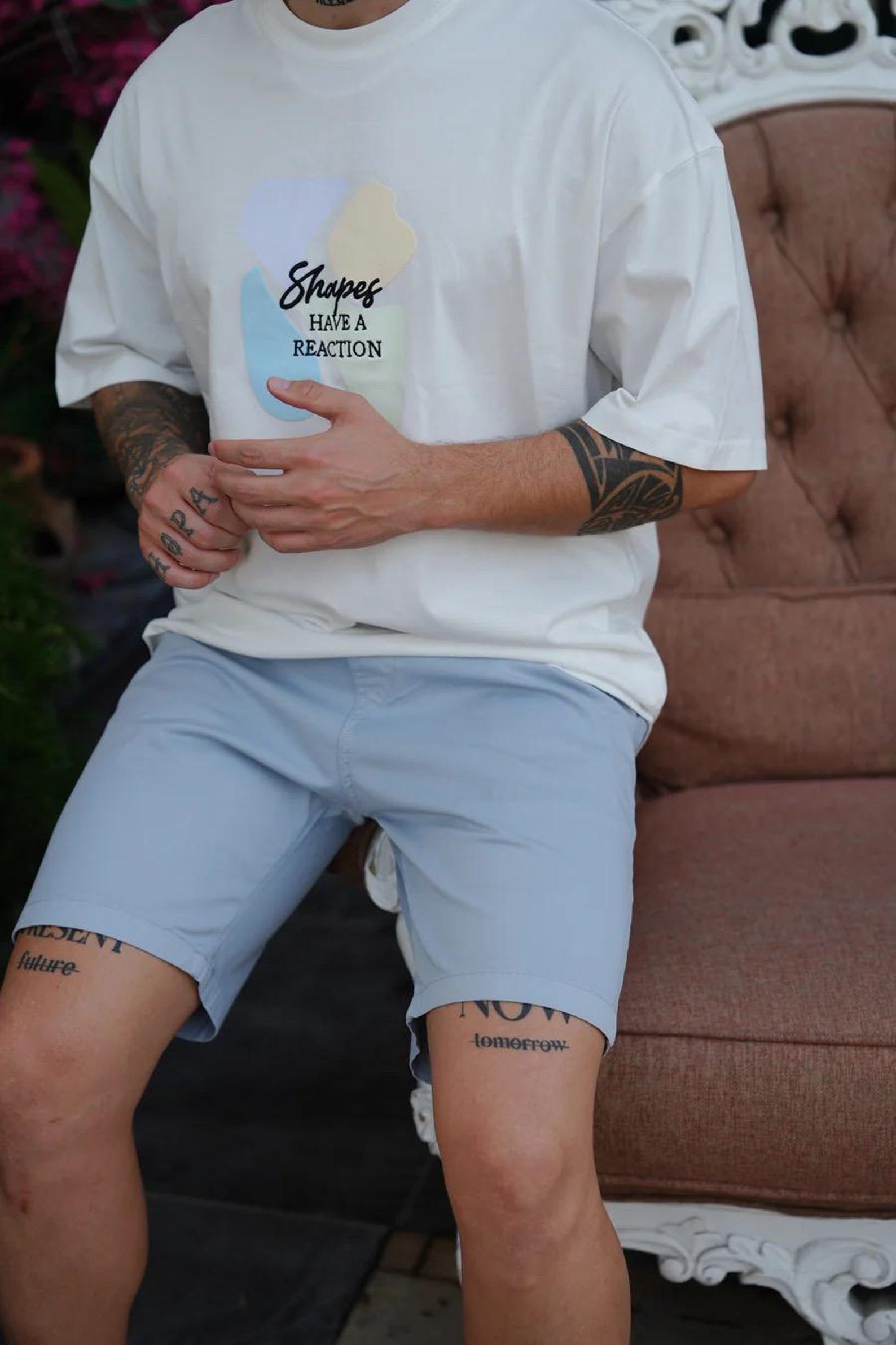 Shapes Motto Printed White Oversize T-shirt, Basic Cotton Pastel Color ...