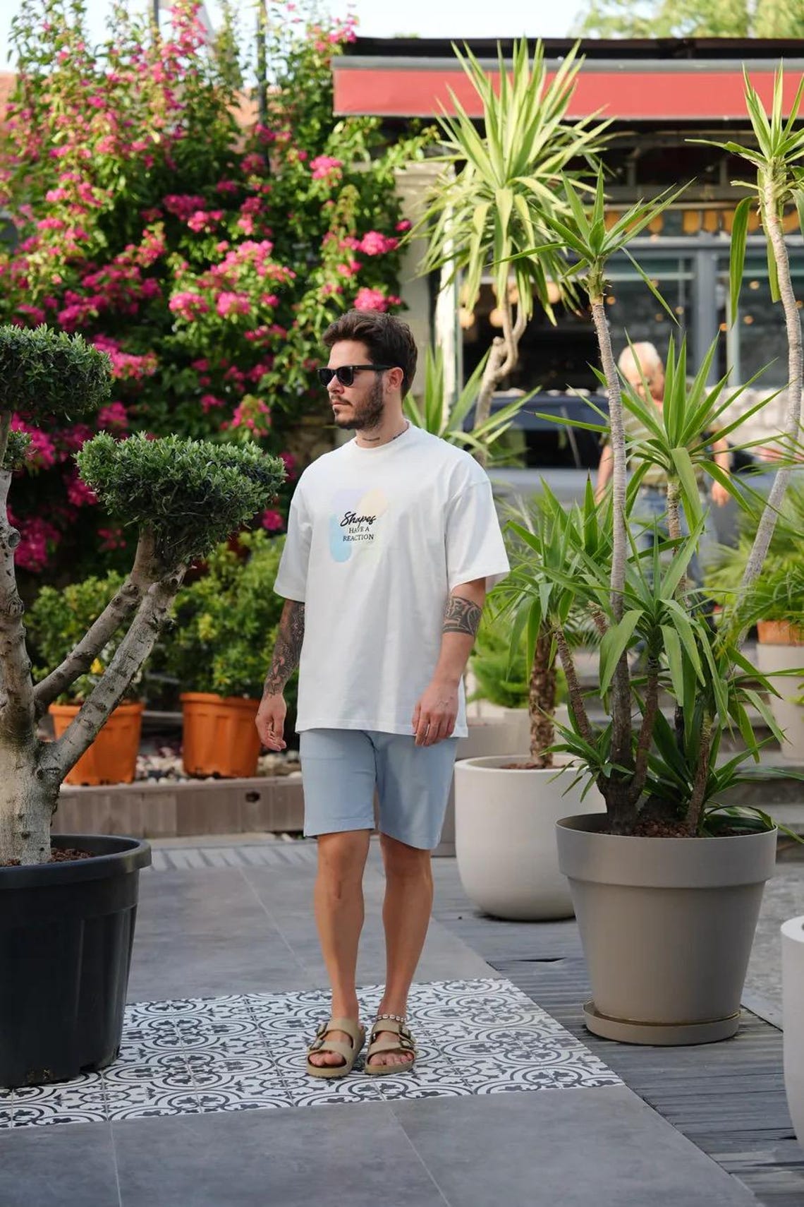 Shapes Motto Printed White Oversize T-shirt, Basic Cotton Pastel Color ...