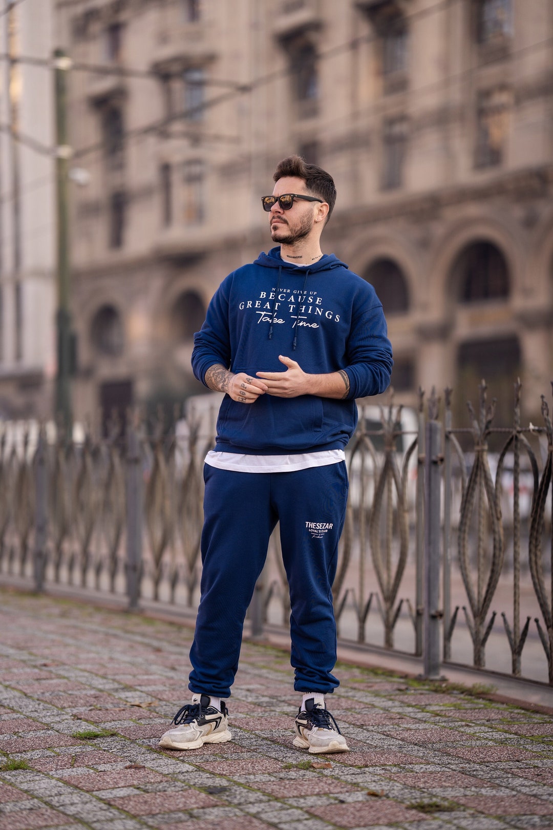 Navy Blue Two Piece Hooded Tracksuit Set, Motto Printed Cotton ...