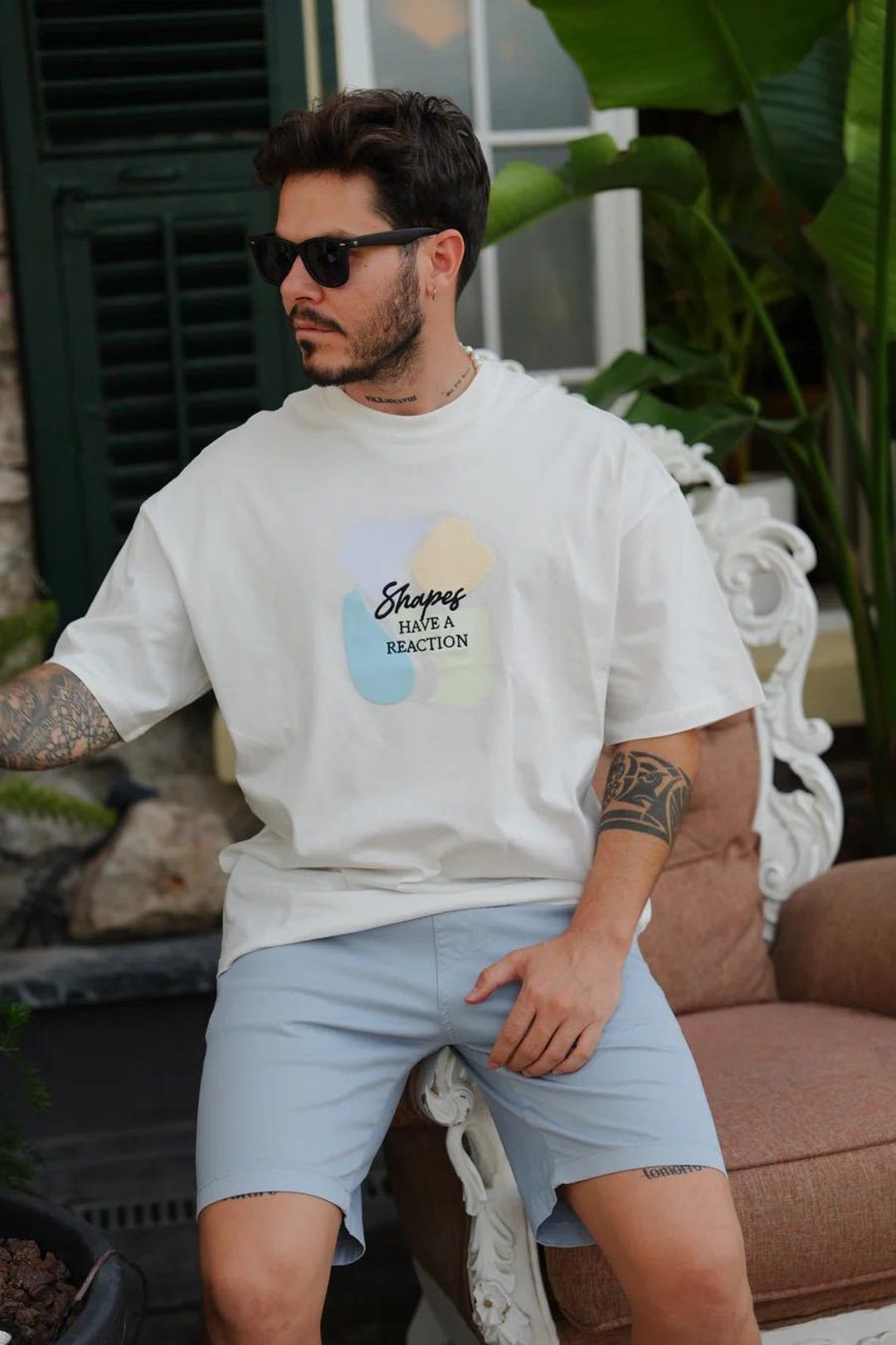 Shapes Motto Printed White Oversize T-shirt, Basic Cotton Pastel Color ...