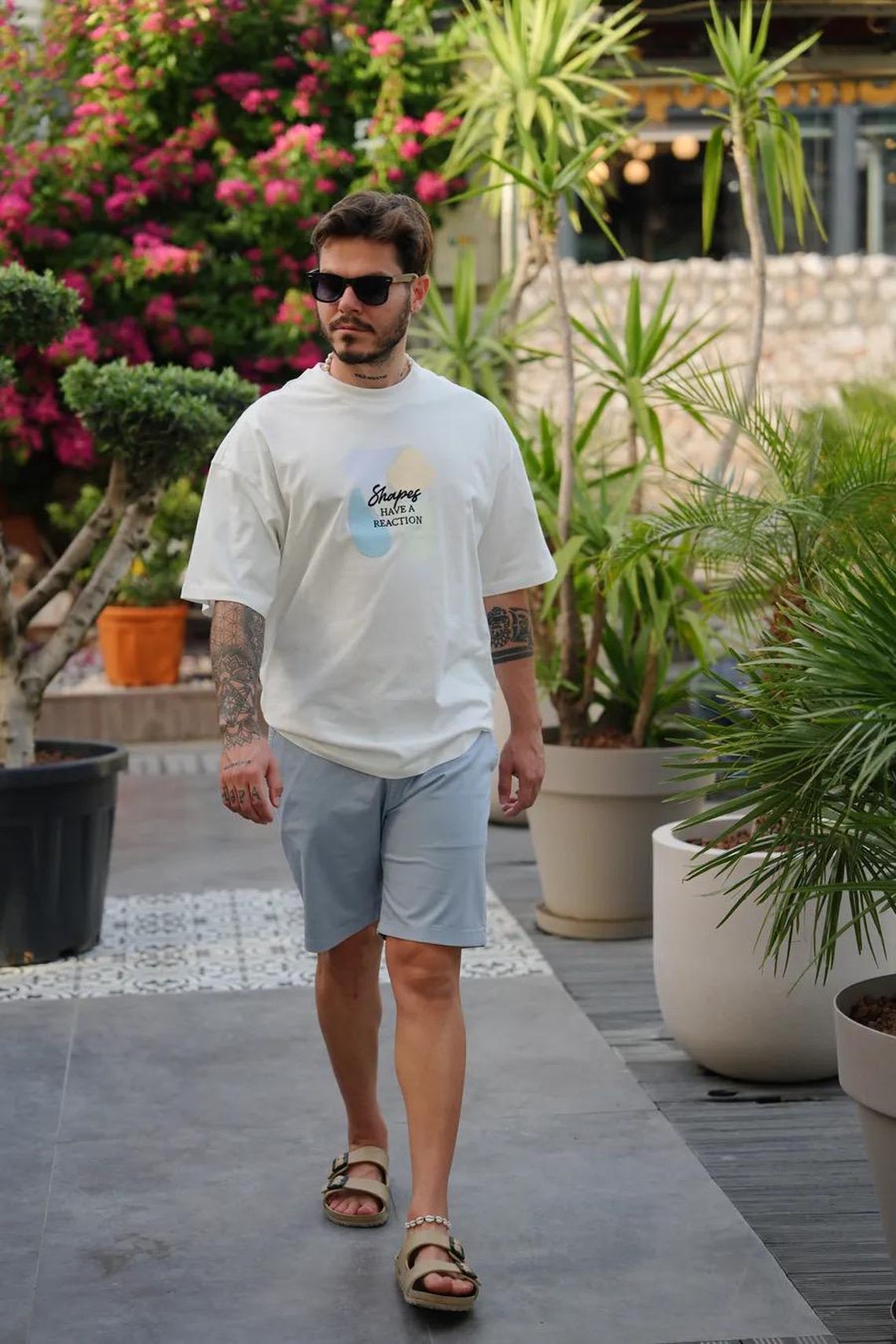 Shapes Motto Printed White Oversize T-shirt, Basic Cotton Pastel Color ...