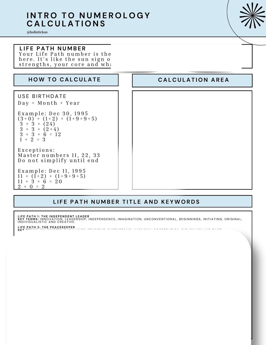 Introduction to Numerology Calculations Worksheets: Life Path Number - Etsy