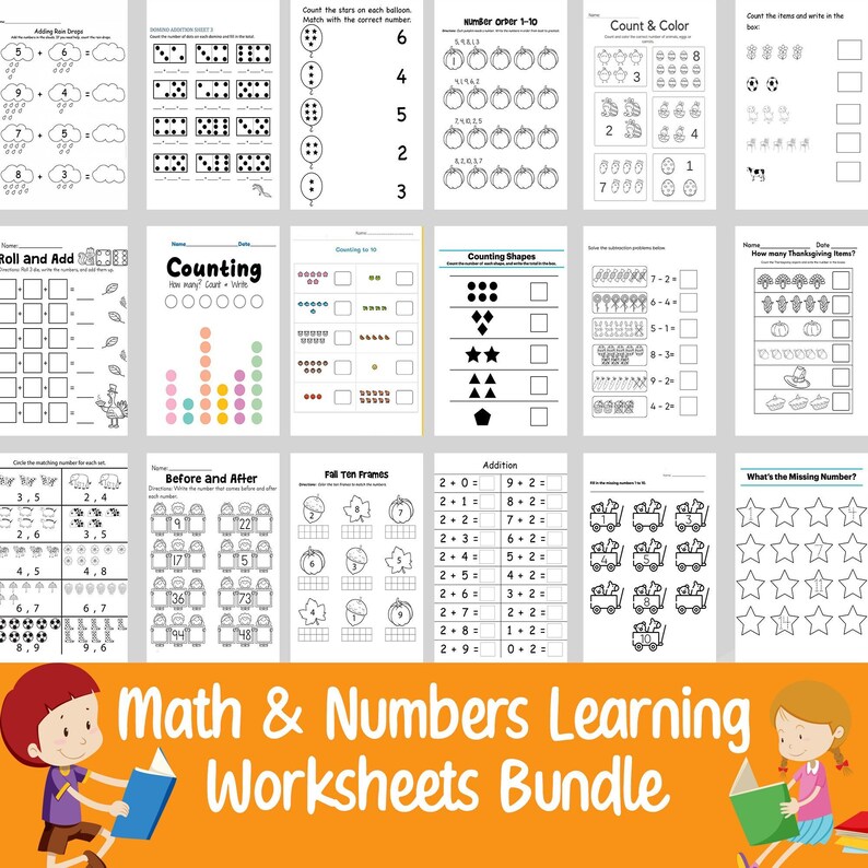 Kids Math and Numbers Learning Worksheet Bundle, Kids Activity ...