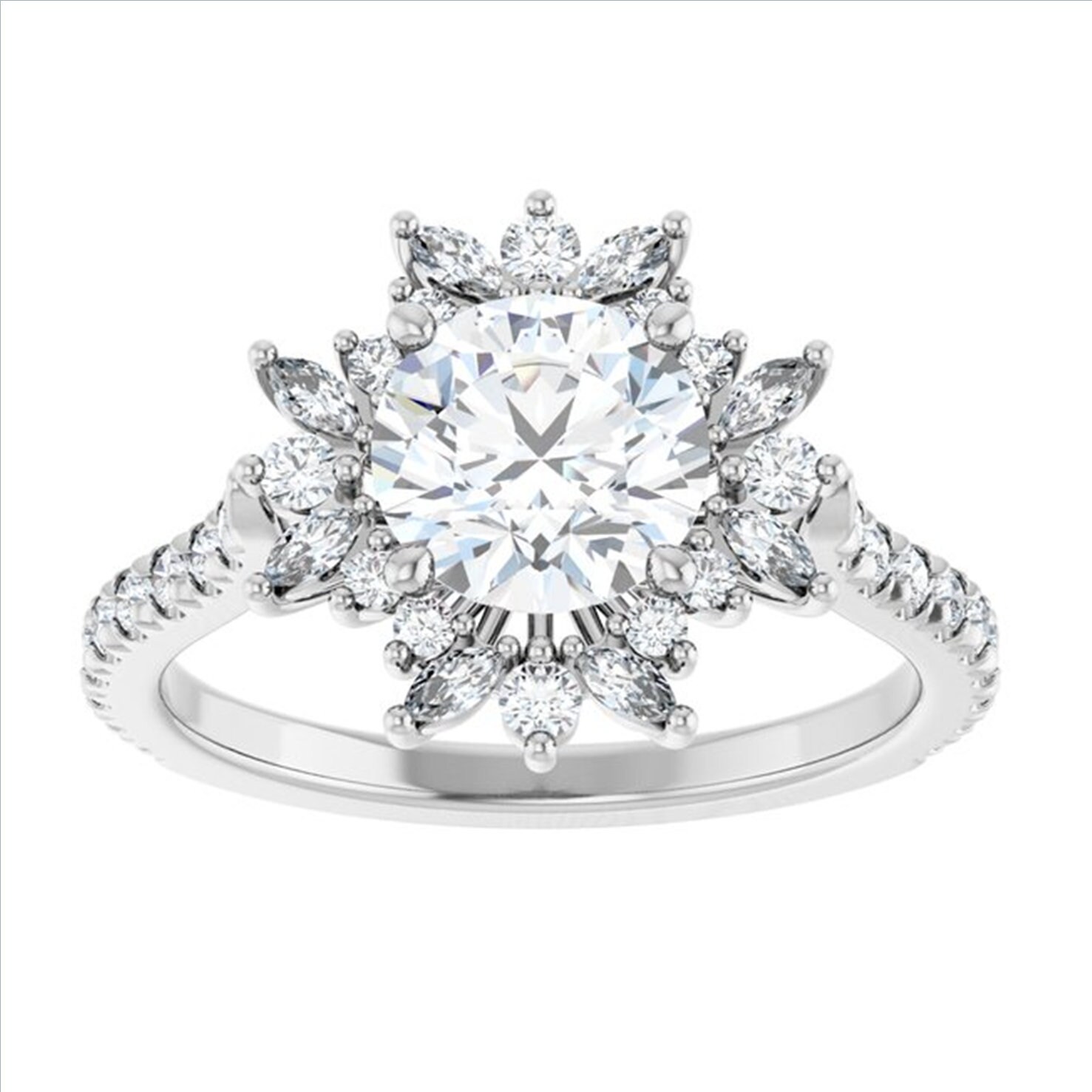 Blooming Flower Round Diamond Semi Mount Ring 14k White Gold, Dahlia ...