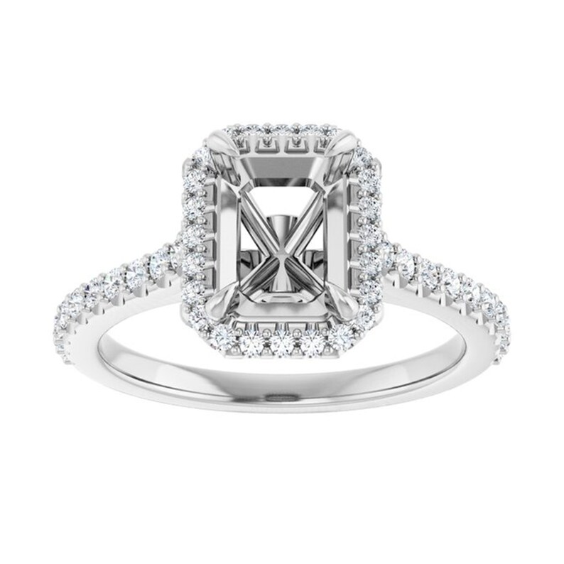 Halo Emerald Shape Diamond Semi Mount Ring 14k White Gold, Halo Emerald ...