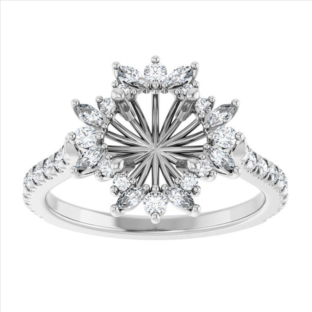 Blooming Flower Round Diamond Semi Mount Ring 14k White Gold, Dahlia ...