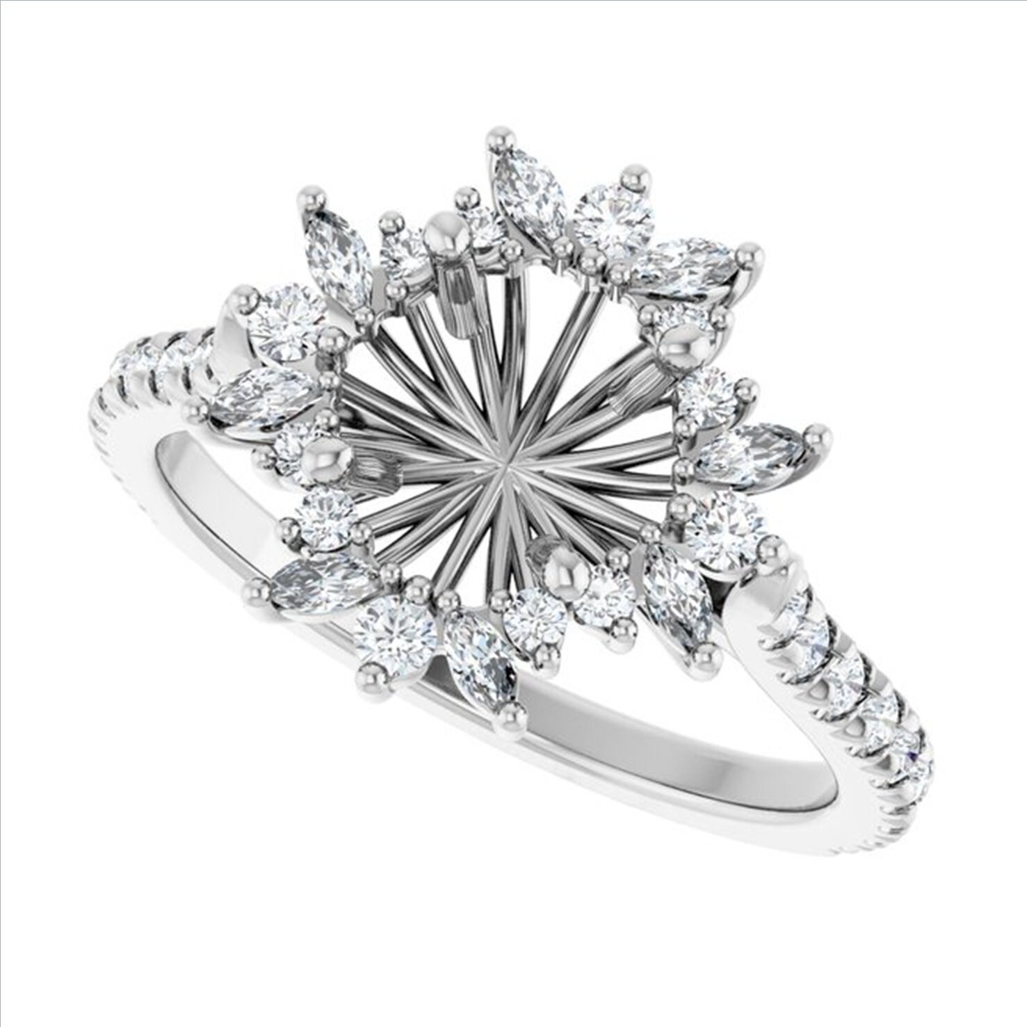 Blooming Flower Round Diamond Semi Mount Ring 14k White Gold, Dahlia ...