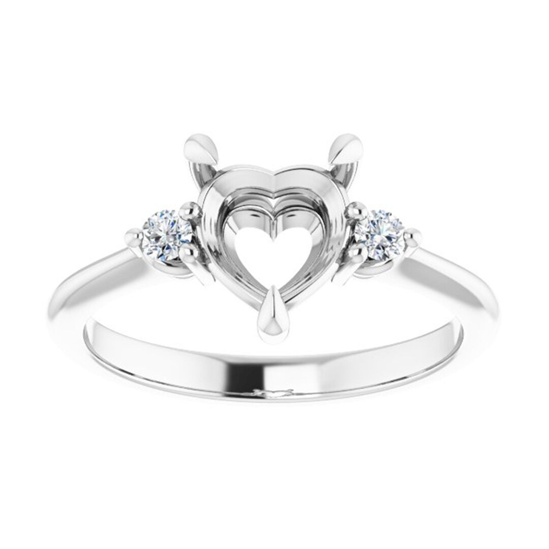 Three Stone Heart Shape Semi Mount Ring 14k White Gold, 3 Stone Heart ...