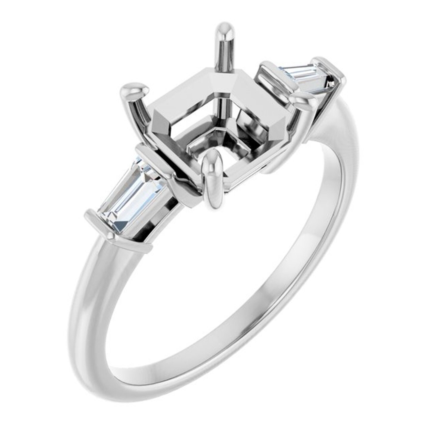 Tapered Baguette Asscher Shape Semi Mount Ring Platinum, Three Stone ...