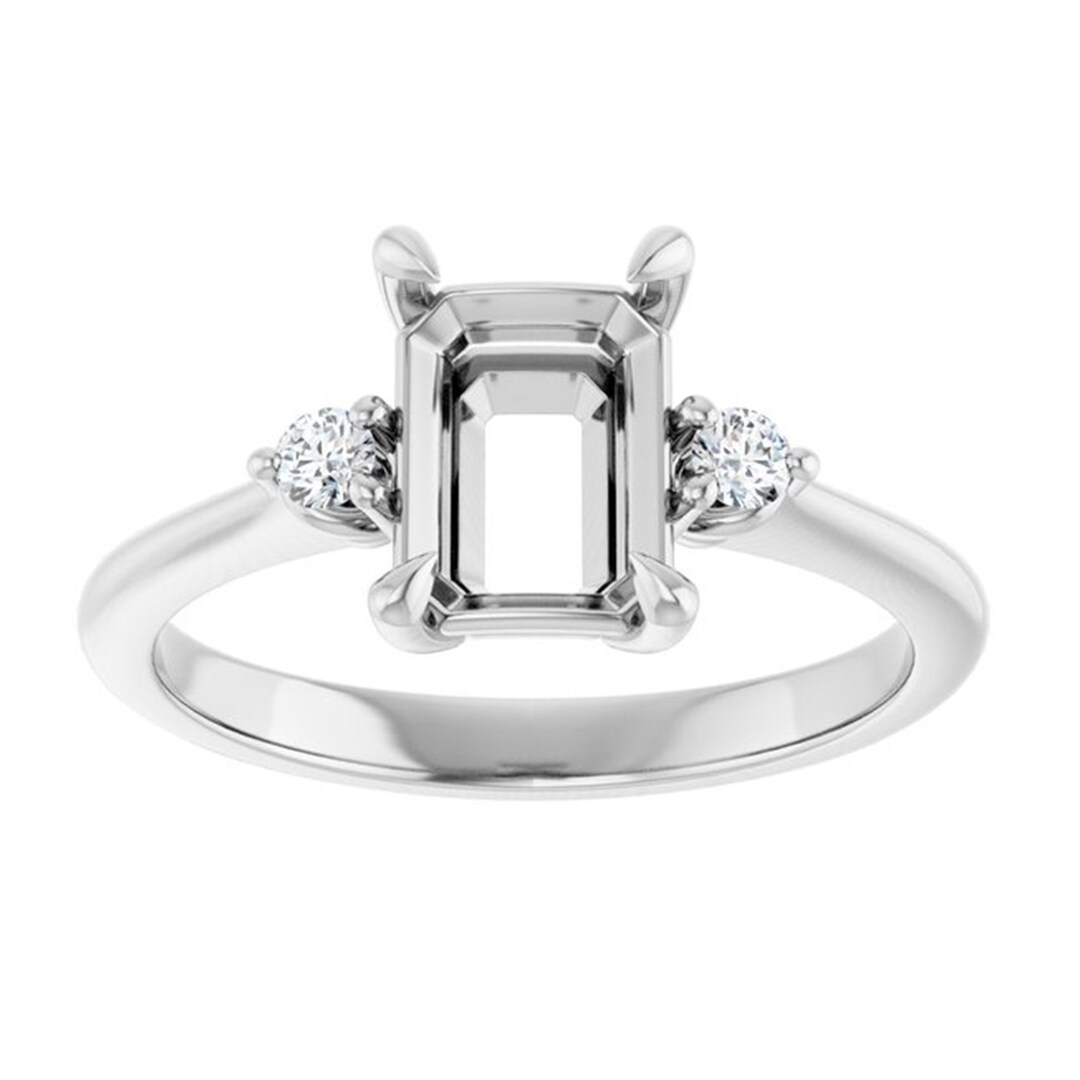 Three Stone Emerald Shape Semi Mount Ring 14k White Gold, 3 Stone ...