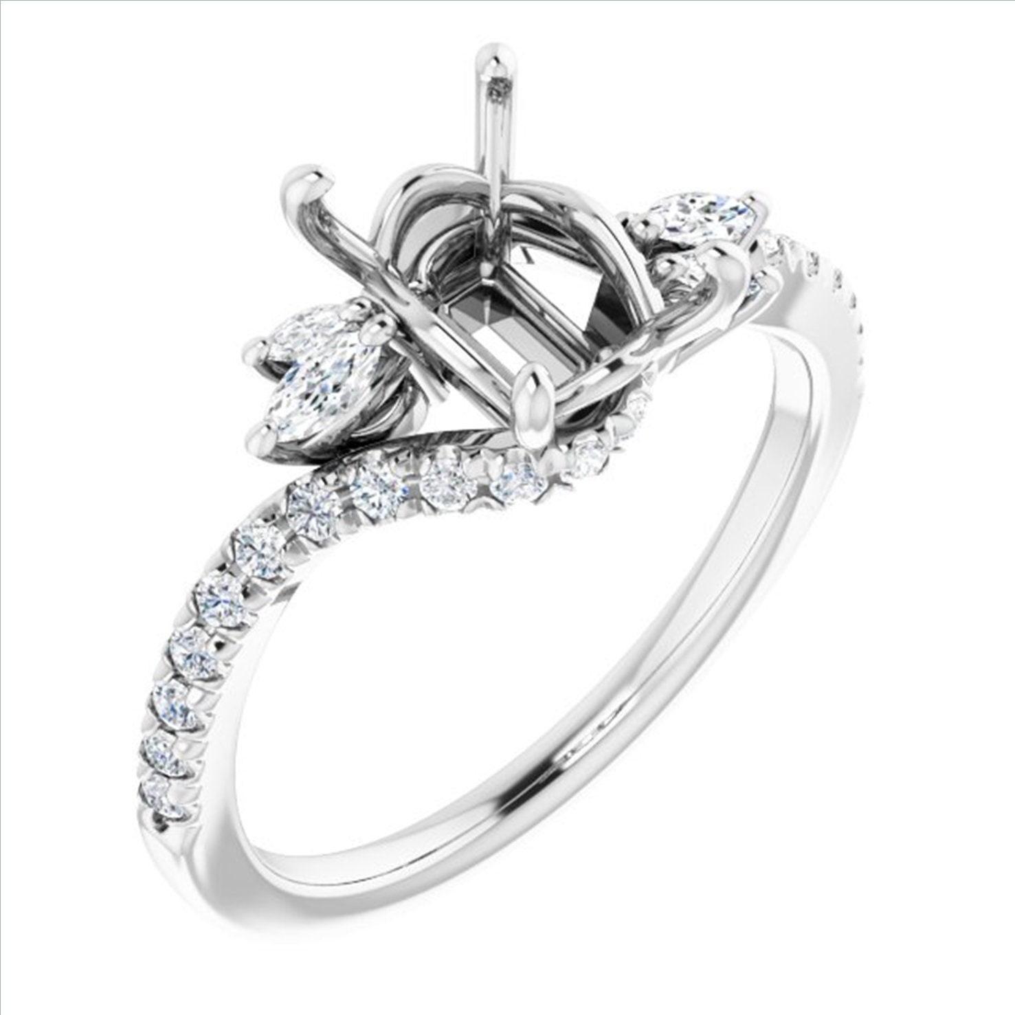 Swirl Emerald Shape Diamond Mount Ring 14k White Gold, Twist Emerald ...