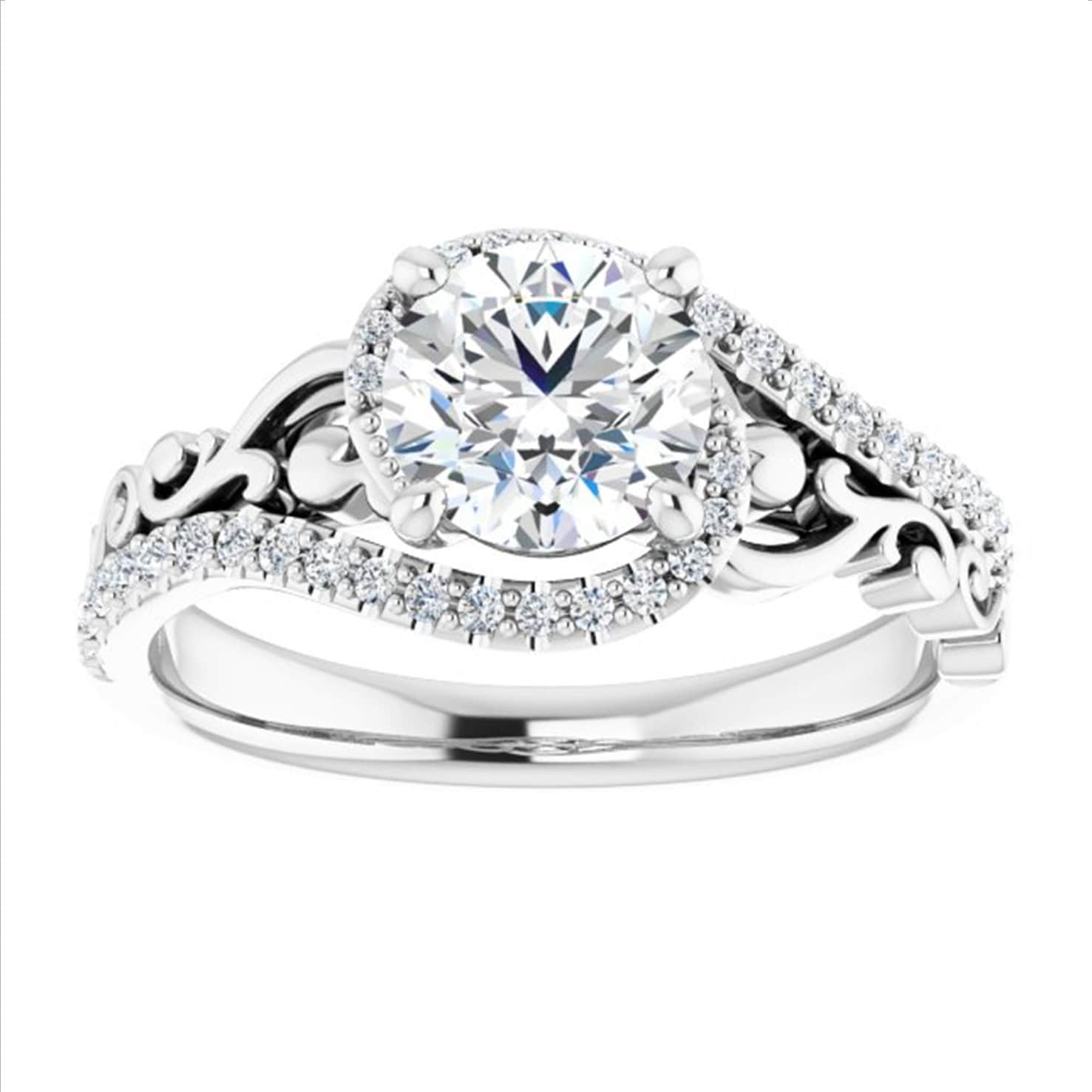 Sculptural Round Semi Mount Ring 14k White Gold, Art Deco Diamond Mount ...