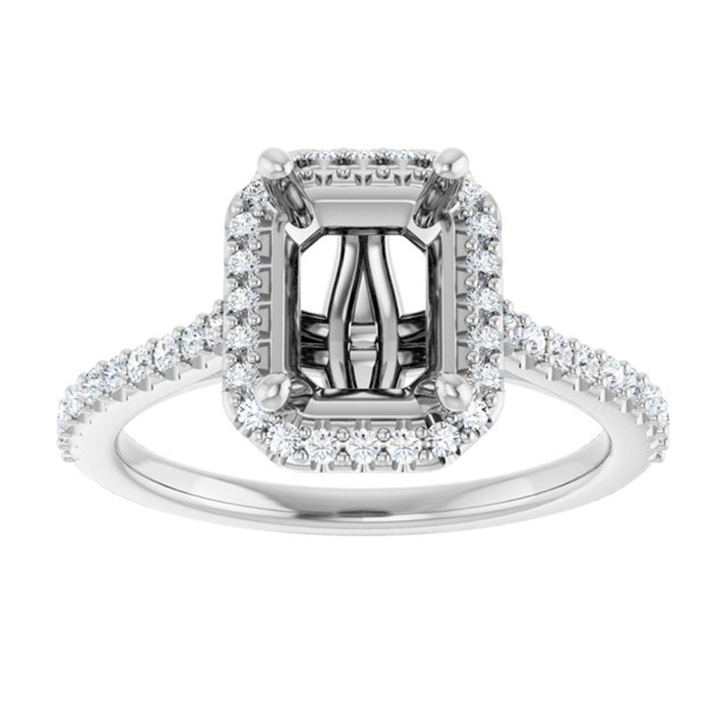 Victorian Halo Emerald Shape Semi Mount Ring 14k White Gold, Scroll ...