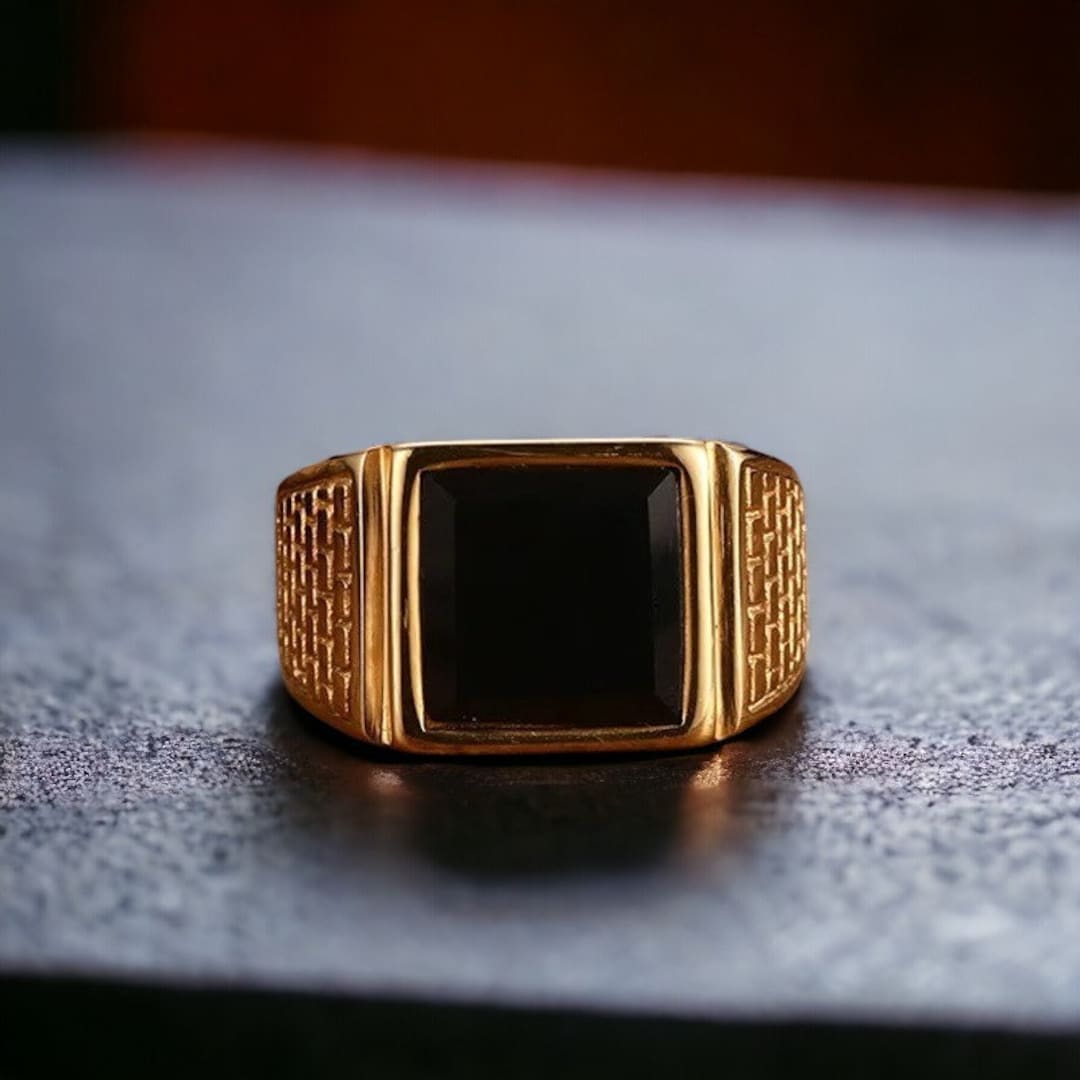 Black Signet Ring Gold Ring Black Stone Signet, Chunky Ring for Men ...